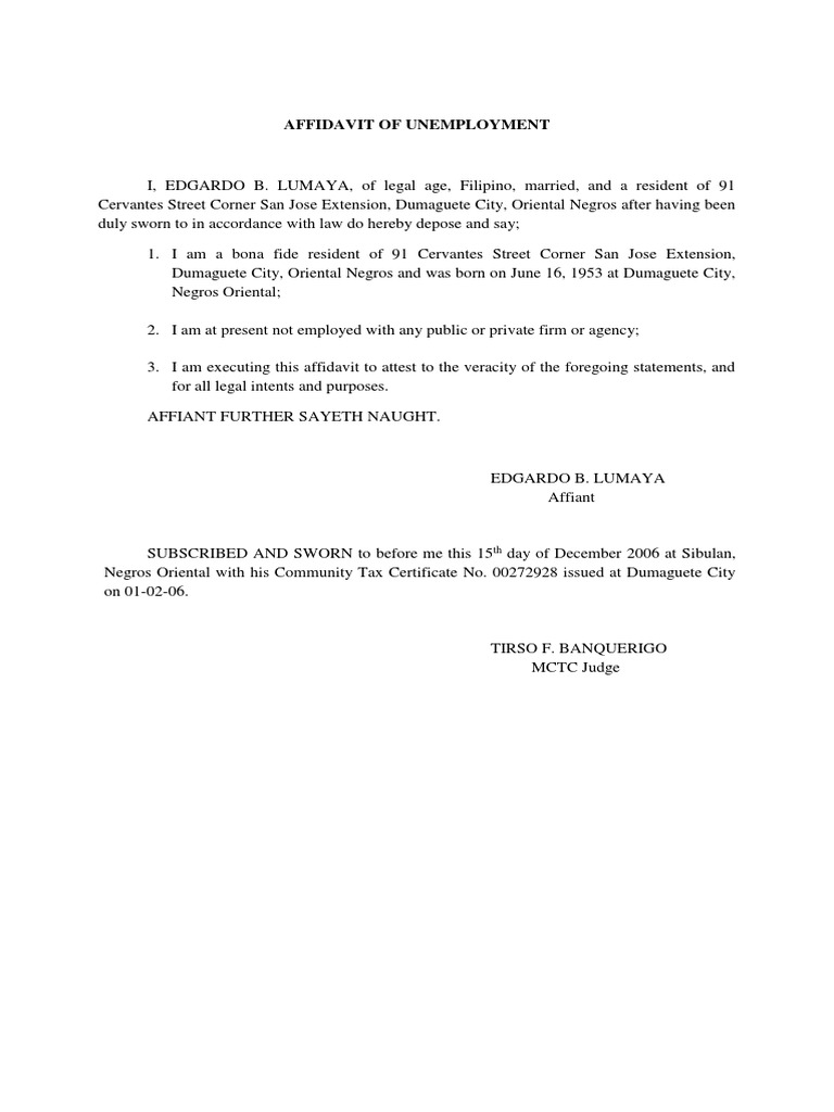 Affidavit of Unemployment | PDF