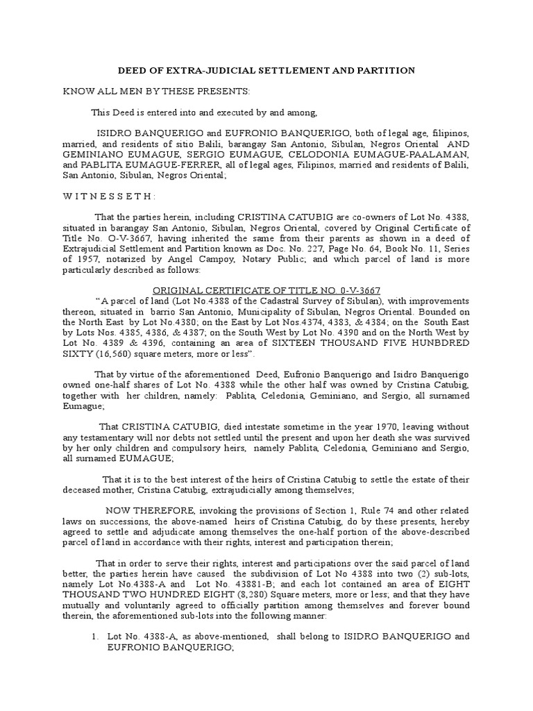 Deed of Extra-Judicial Settlement and Partition | PDF | Inheritance ...