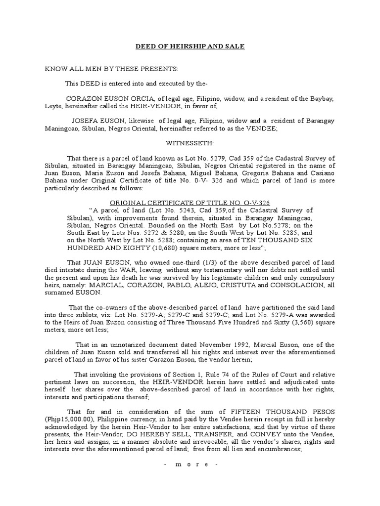 Deed of Heirship and Sale | PDF | Private Law | Government Information