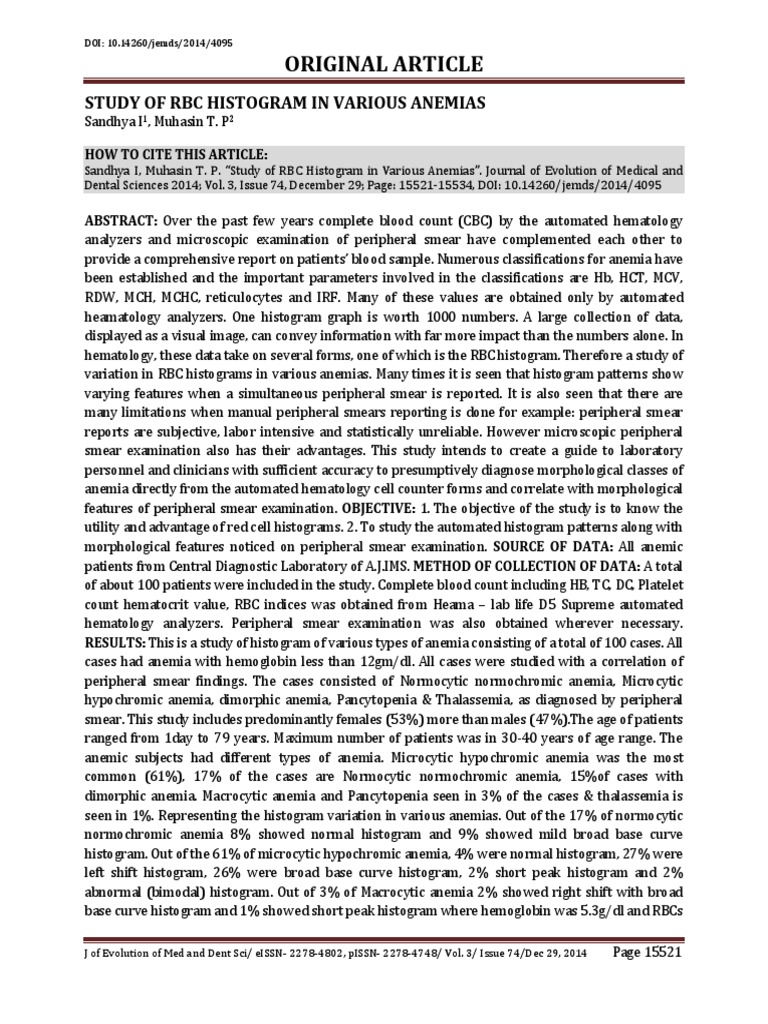 Original Article: Study of RBC Histogram in Various Anemias | PDF ...