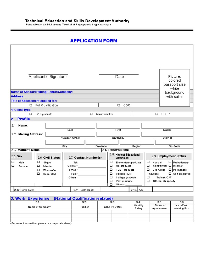 Application Form: Technical Education and Skills Development Authority ...