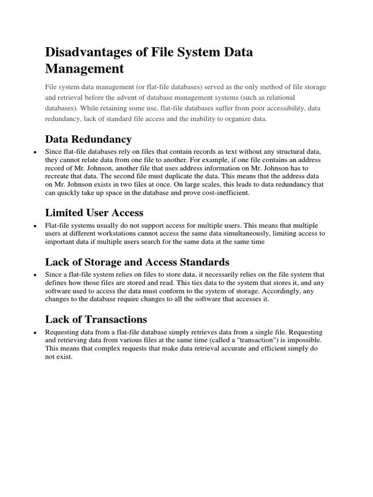 Disadvantages of File System Data Management | PDF