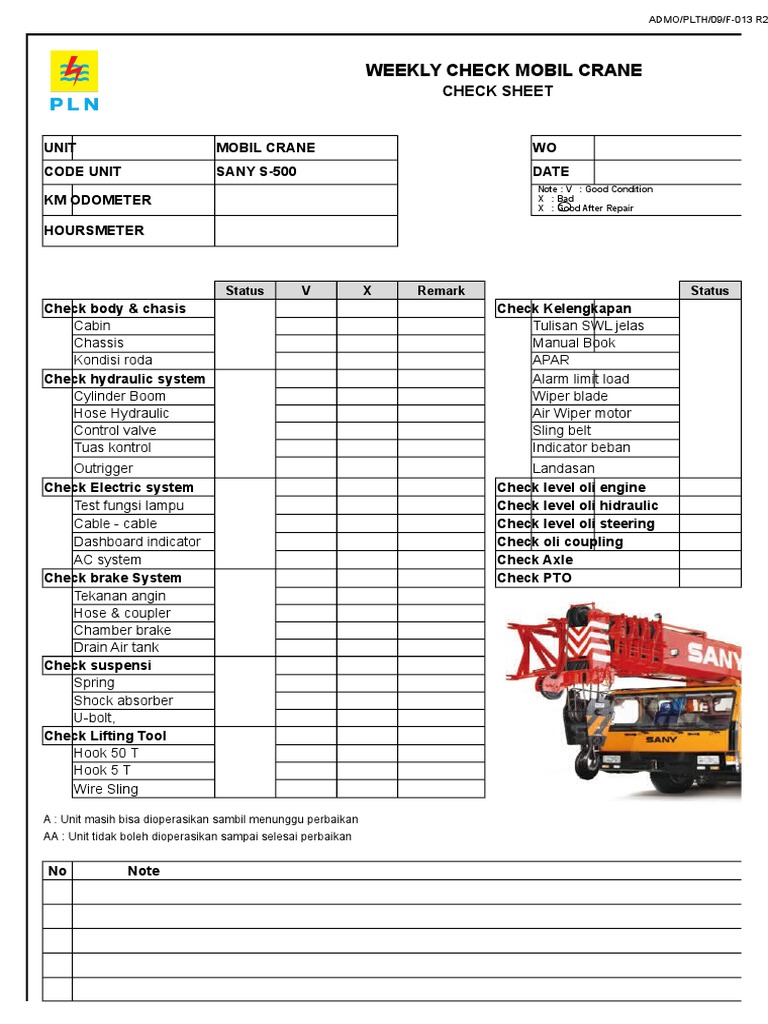 Check Sheet PM Mobil Crane Sany ST 500 | Crane (Machine) | Automotive ...