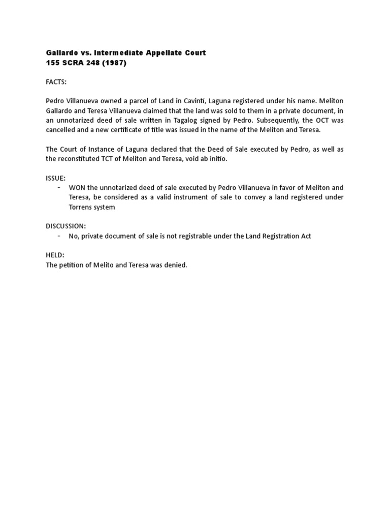 Private Unnotarized Deed of Sale Held Insufficient to Convey Title of ...