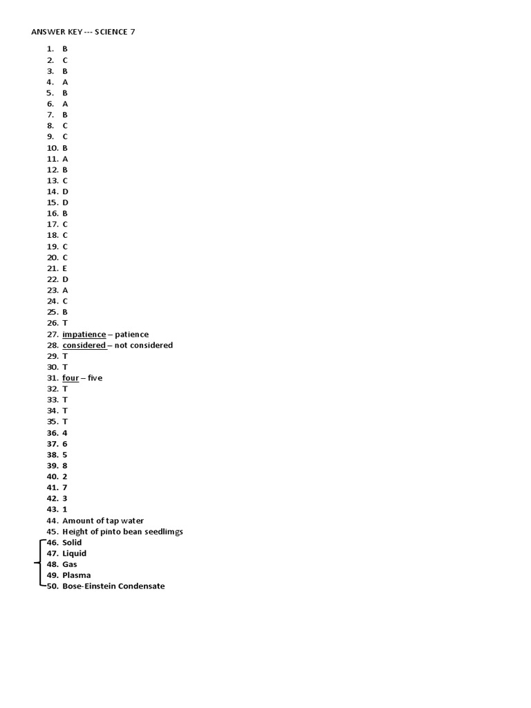 Answer Key Science 7 - 1ST Monthly Test | PDF