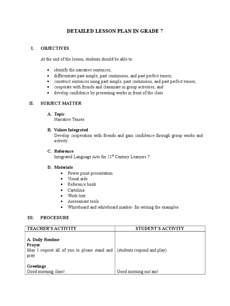 Grade 7 Narrative Tenses Lesson Plan | PDF | Lesson Plan | Pedagogy