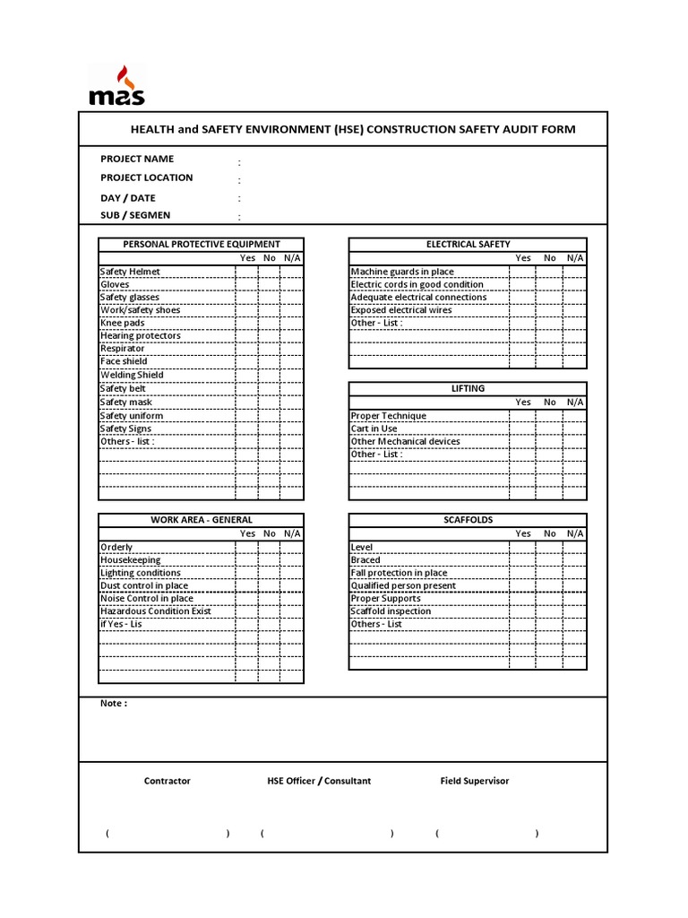 Health and Safety Environment (Hse) Construction Safety Audit Form | PDF