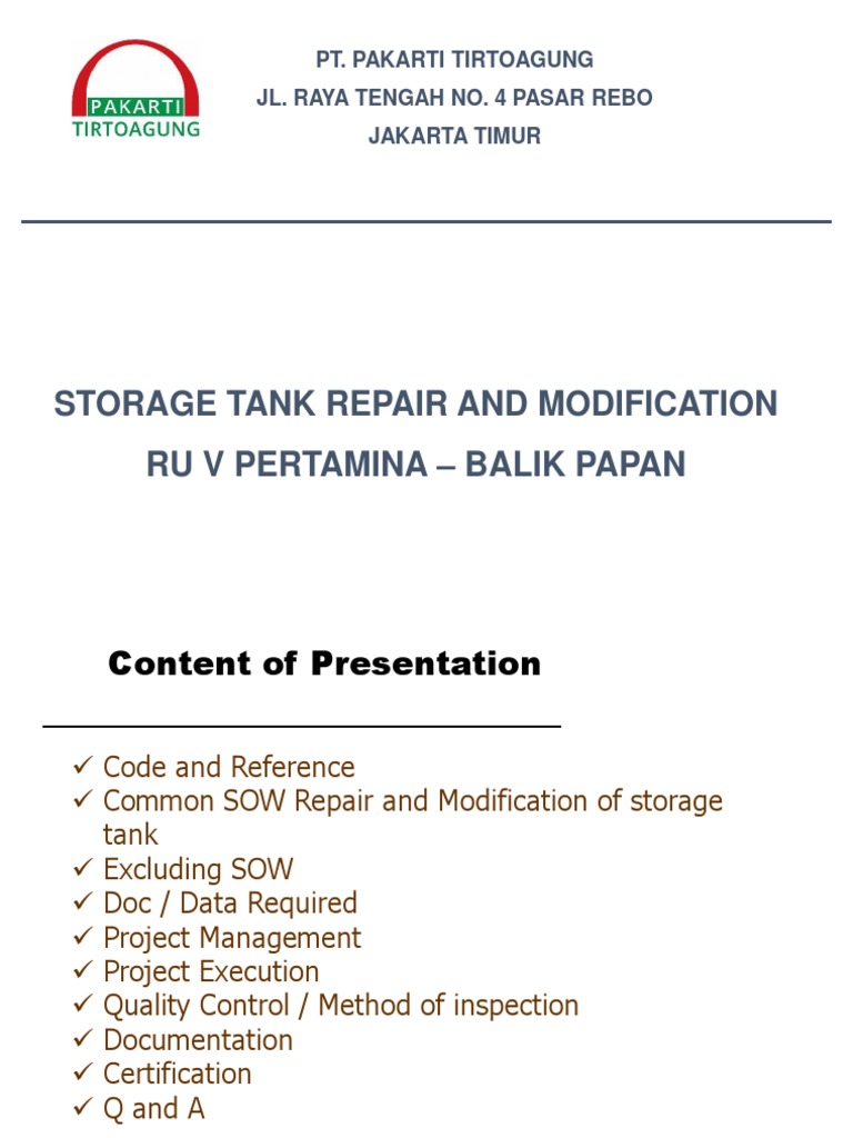 Presentation Repair of Storage Tank | PDF | Leak | Metal Fabrication