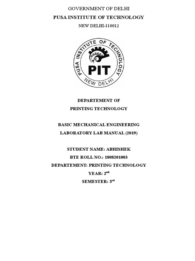 Basic Mechanical Engineering Laboratory Manual for Printing Technology Students Covering ...