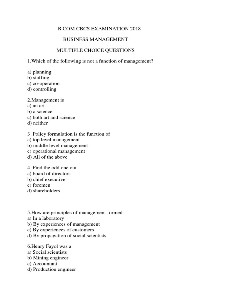 Business Management MCQs 2018 Exam | PDF | Leadership | Quality Management