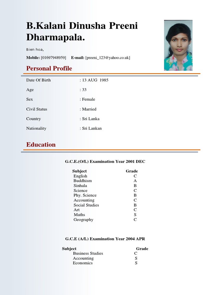 B.Kalani Dinusha Preeni Dharmapala.: Personal Profile | PDF | Computing