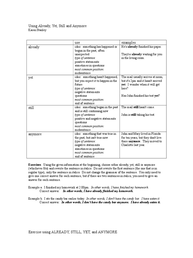 Already Yet Still Anymore Chart | PDF | Linguistics | Language Mechanics