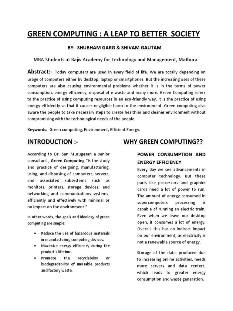 Green Computing: A Leap To Better Society | PDF | Electronic Waste ...