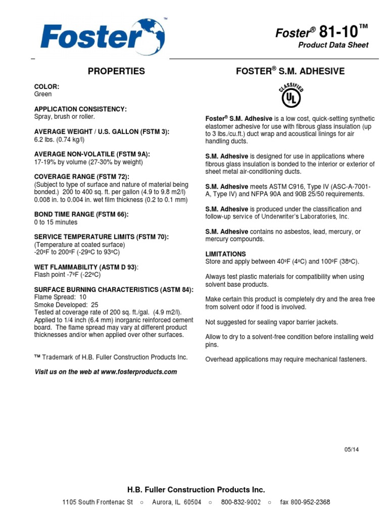 Foster: Properties Foster S.M. Adhesive | PDF | Adhesive | Duct (Flow)