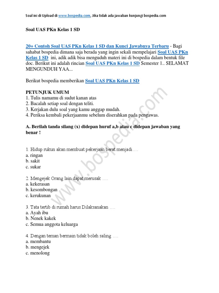 Contoh Soal UAS PKN Kelas 1 SD Dan Kunci Jawabnya | PDF