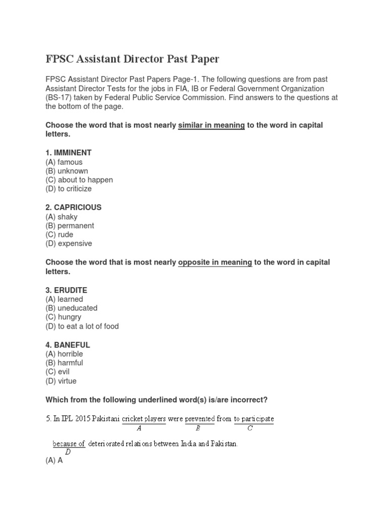 FPSC Assistant Director Past Paper | PDF