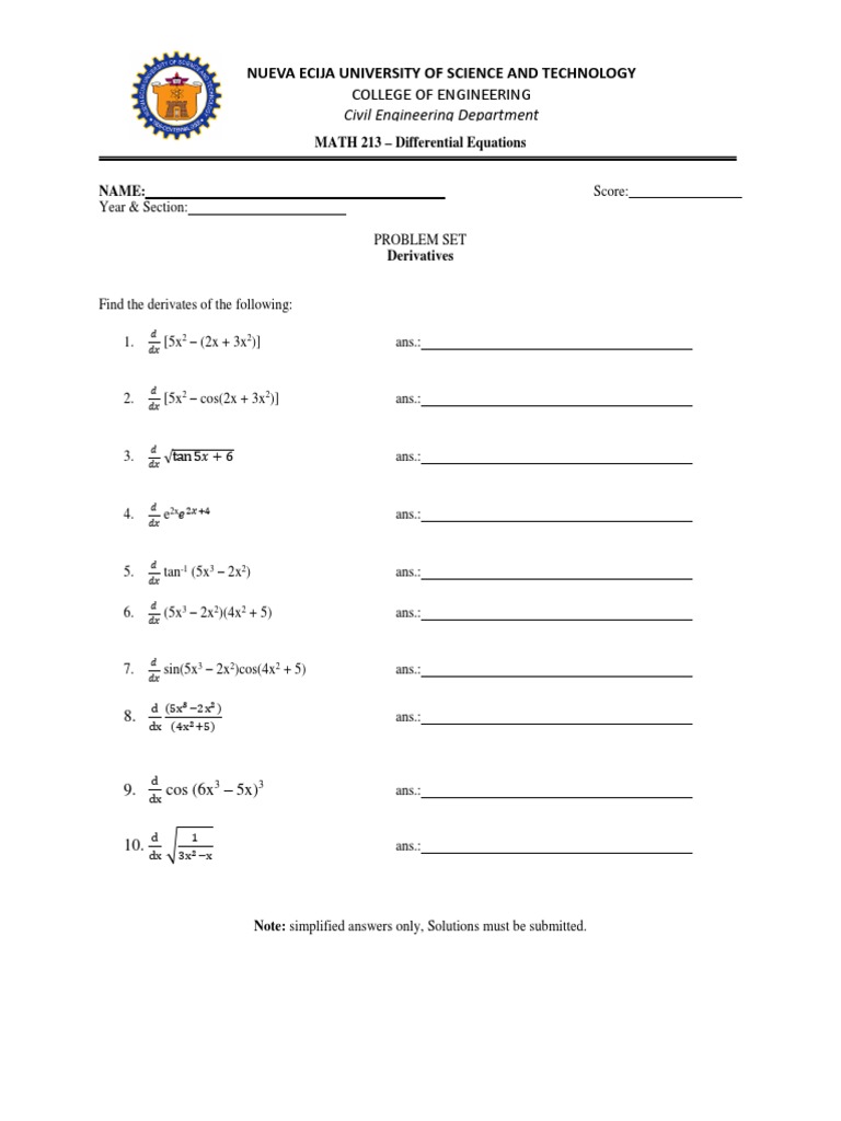 Derivatives Practice Finding The Derivatives Of Various Functions Pdf