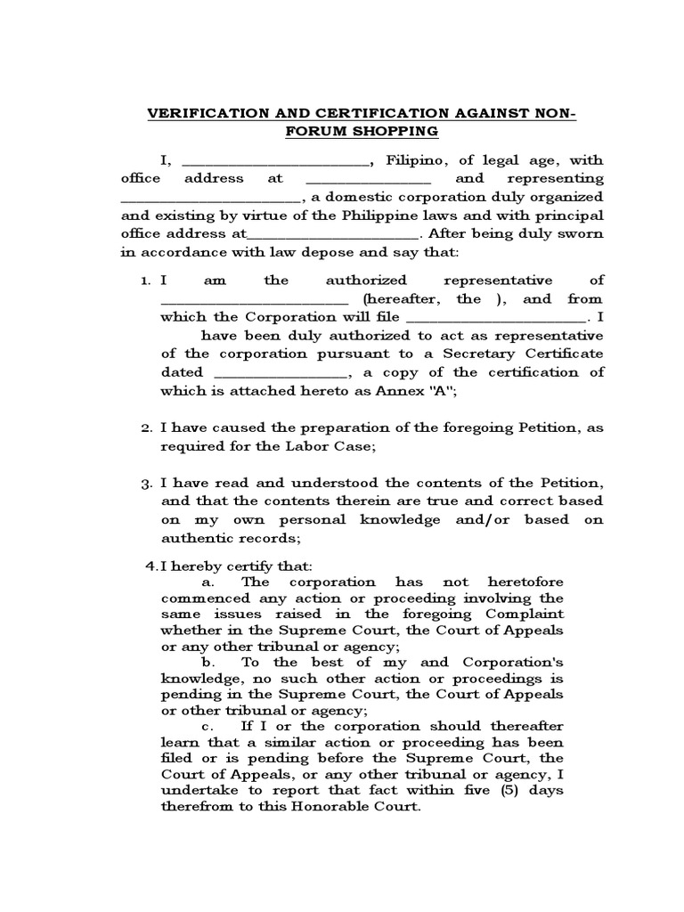 Verification and Certification Against Non-Forum Shopping Template | PDF | Notary Public | Courts