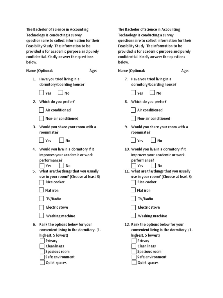 Survey Questionnaire Sample | Dormitory | Questionnaire