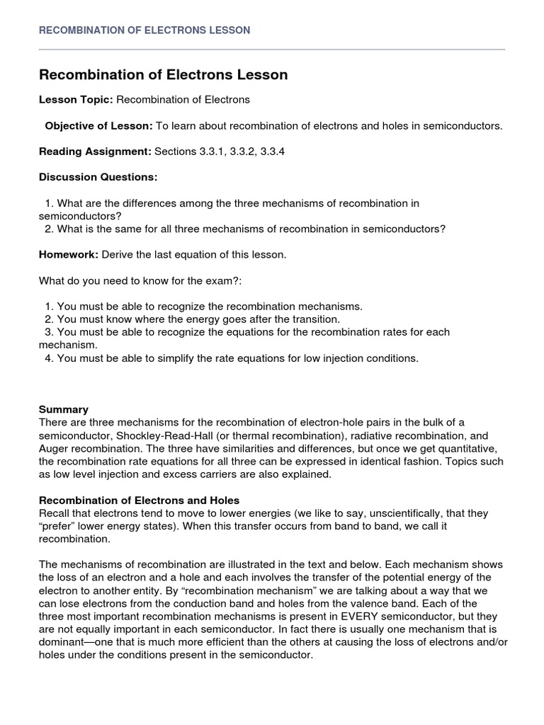 Recombination of Electrons in Semiconductor | PDF | Semiconductors | Condensed Matter Physics