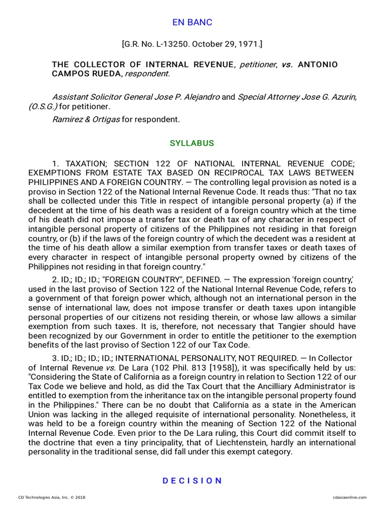 01 - Collector of Internal Revenue v. Campos Rueda | PDF | Estate Tax ...
