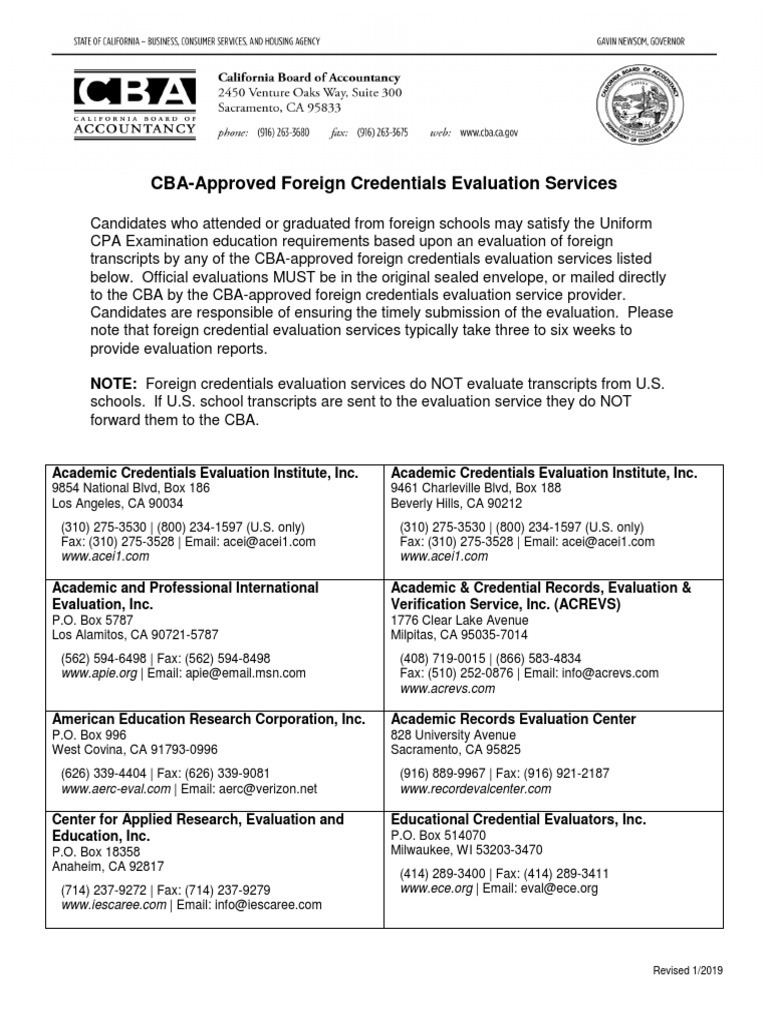 CBA-Approved Foreign Credentials Evaluation Services: Revised 1/2019 | PDF
