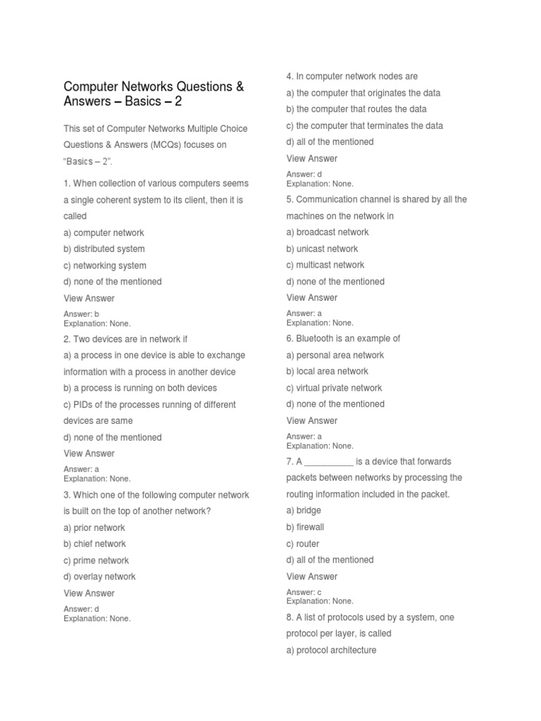 Computer Networks Questions & Answers - Basics - 2: Answer: D Explanation: None | PDF | Computer ...