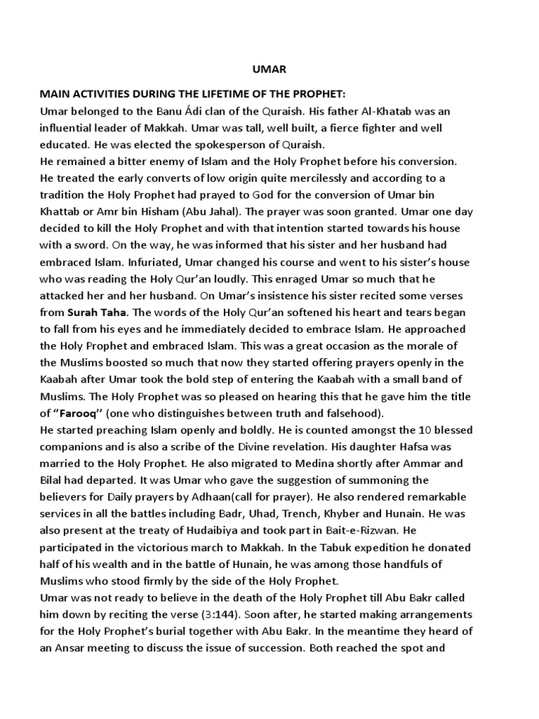 Umar Main Activities During The Lifetime of The Prophet | Download Free PDF | Umar | Muhammad