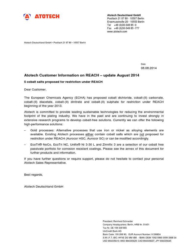 ATOTECH Information On REACH Cobalt Salts Restriction | PDF | Cobalt ...
