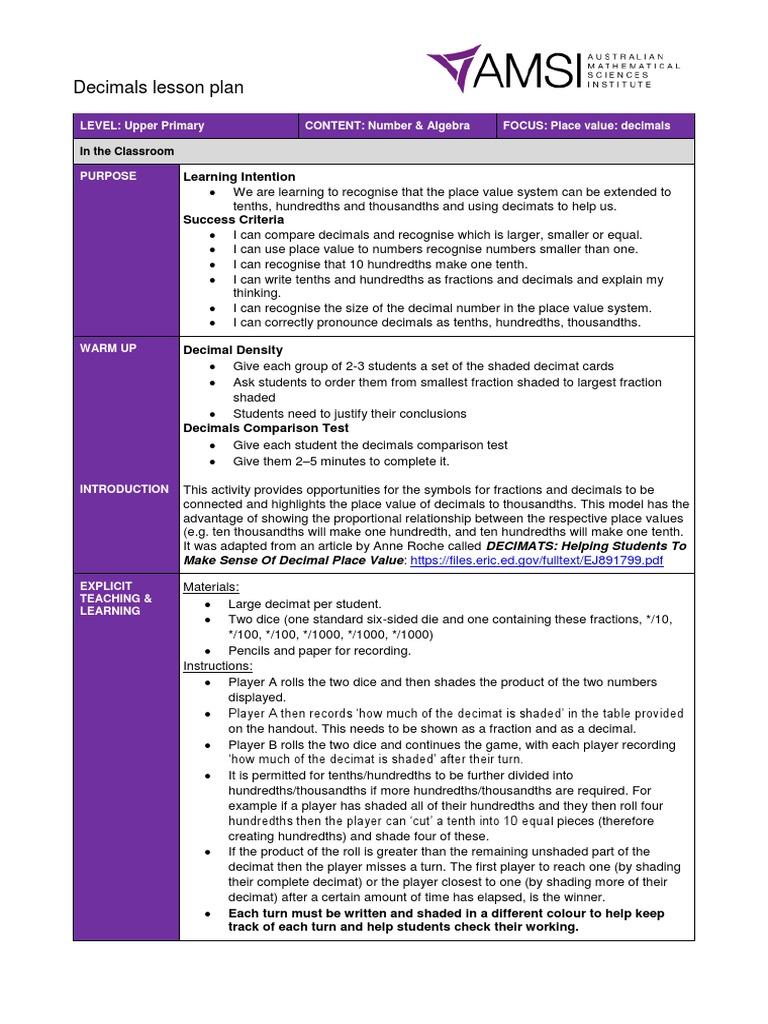 Lesson Plan Decimals PDF | PDF | Decimal | Fraction (Mathematics)