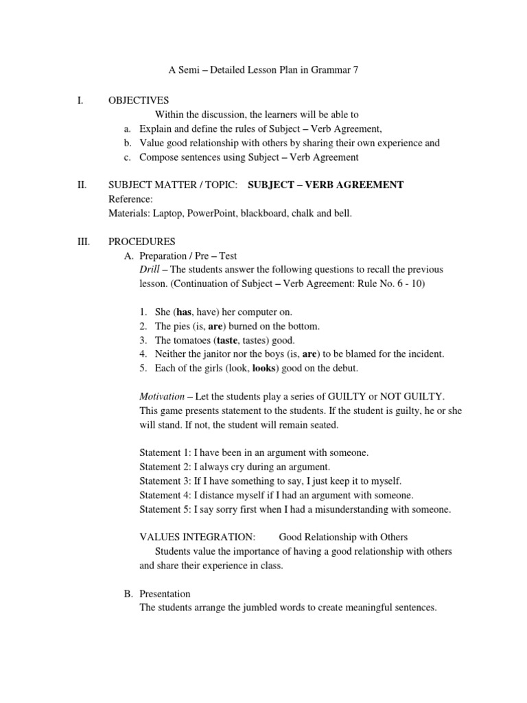 Subject-Verb Agreement Lesson Plan | PDF | Subject (Grammar ...