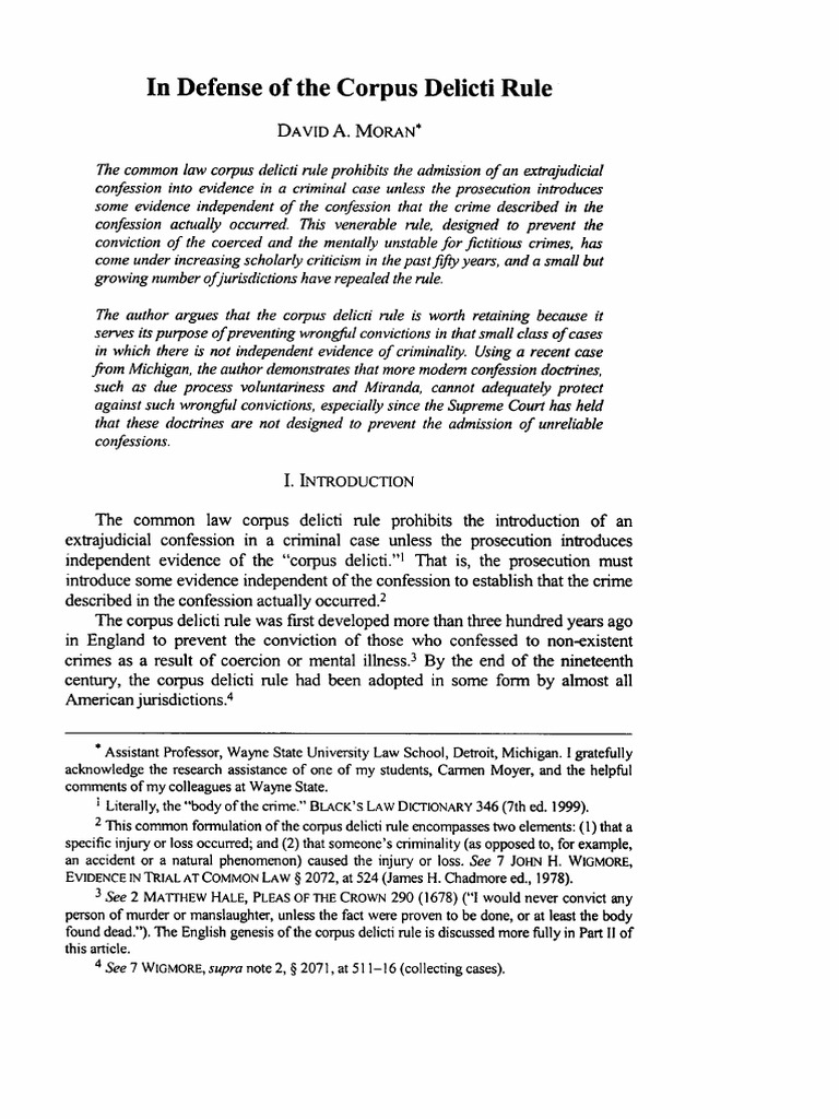 Defending the Corpus Delicti Rule | PDF | Confession (Law) | Miranda ...