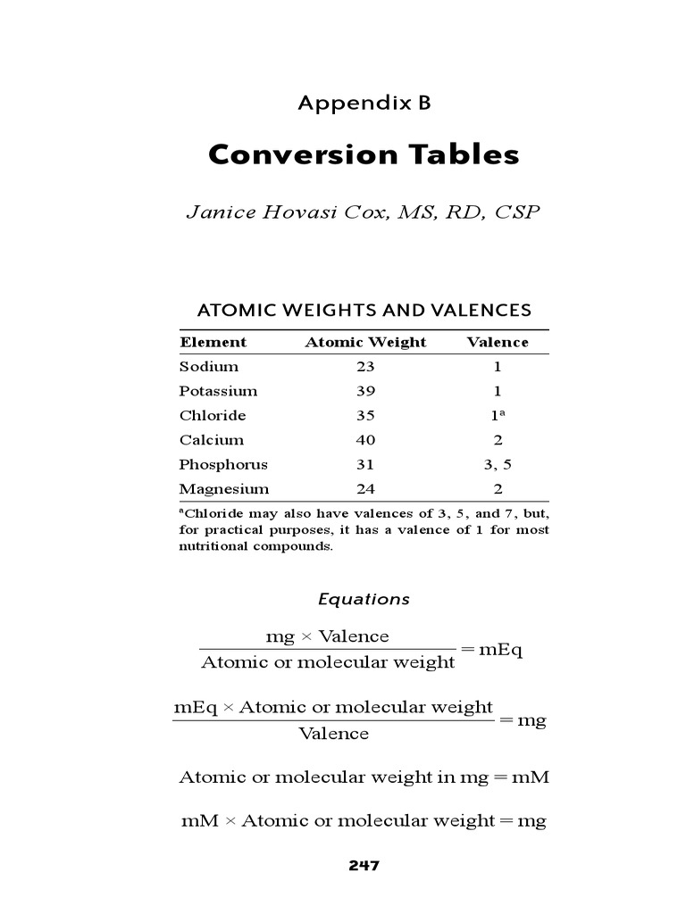 Conversion Tables and Calculations for Common Electrolytes, Minerals ...