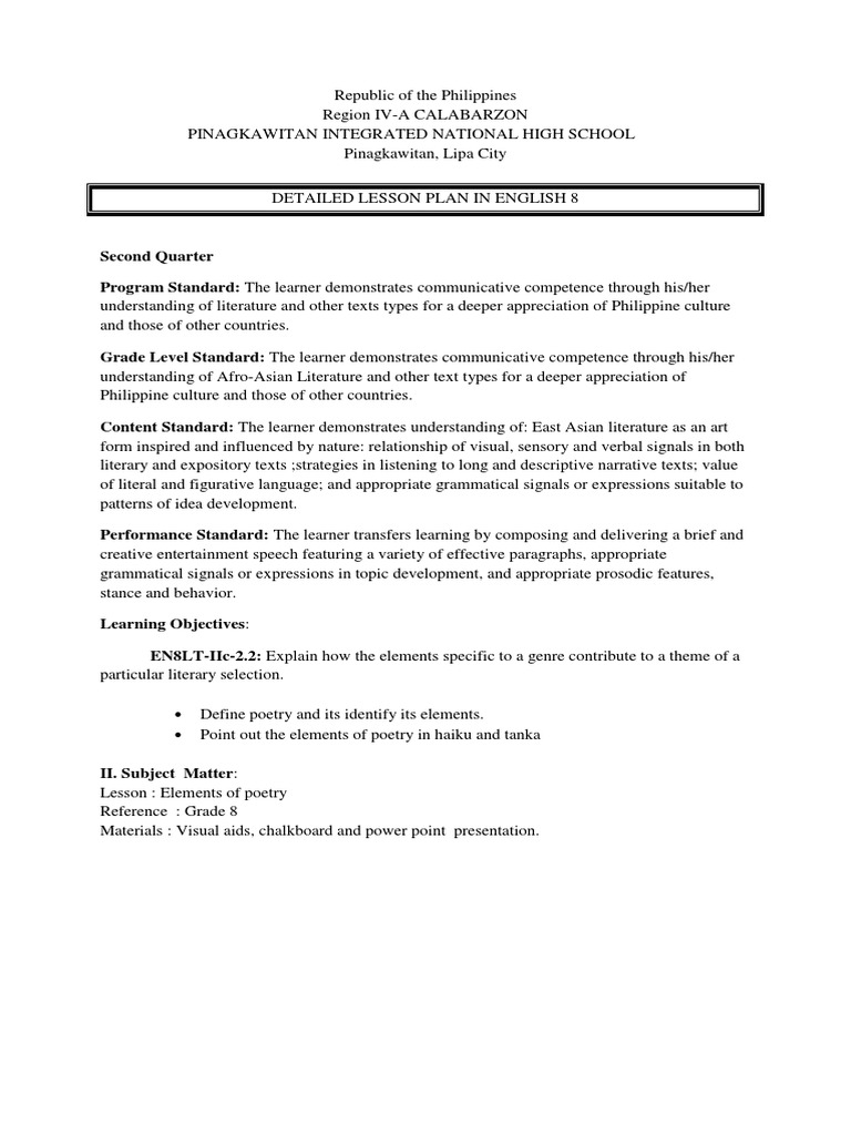 Detailed Lesson Plan in English | PDF | Poetry | Lesson Plan