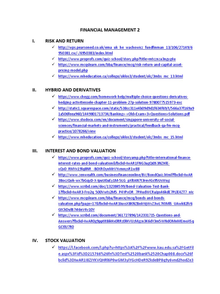 Financial Management 2 I. Risk and Return | PDF | Valuation (Finance ...