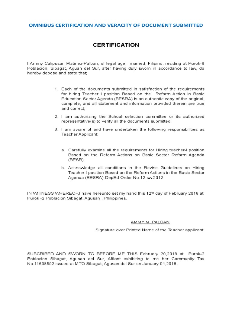 Omnibus Certification and Veracity of Document Submitted | PDF