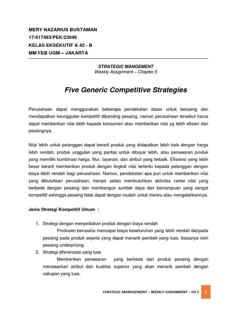Ringkasan Chapter 5 - Five Generic Competitive Strategies | PDF