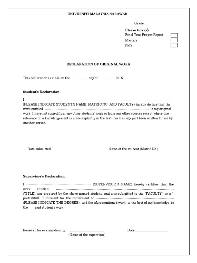 Declaration of Original Work: A Student's Final Year Project Report ...