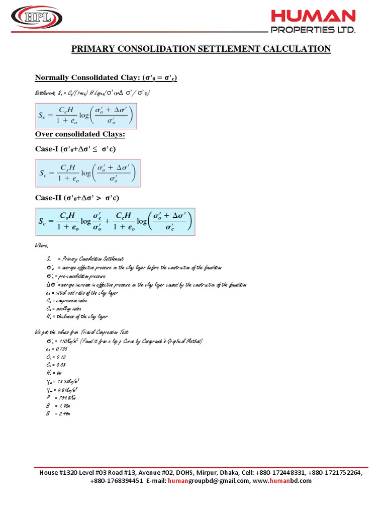 Primary Consolidation Settlement Calculation: Normally Consolidated ...