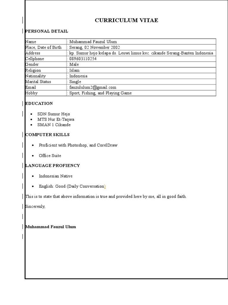 A Concise Summary of Personal and Professional Details: Curriculum Vitae of Muhammad Fauzul Ulum ...