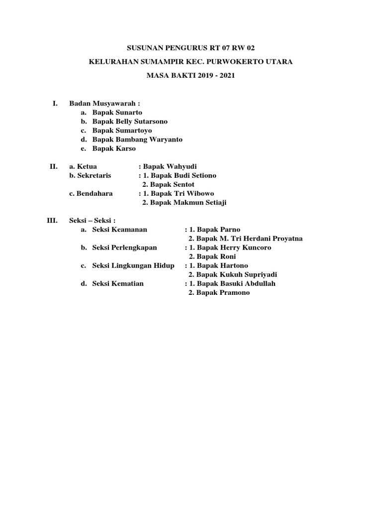 Contoh Pengurus RT | PDF