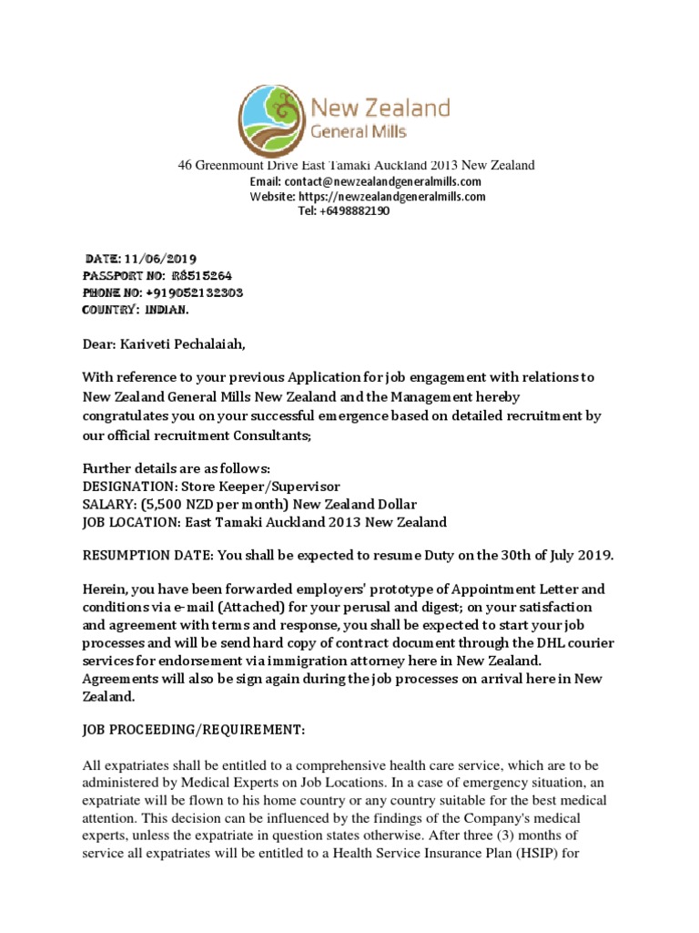 Letter of Employment Offer from New Zealand General Mills for the ...