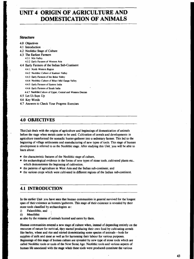 Unit 4 Origin of Agriculture and Domestication of Animals: Structure ...