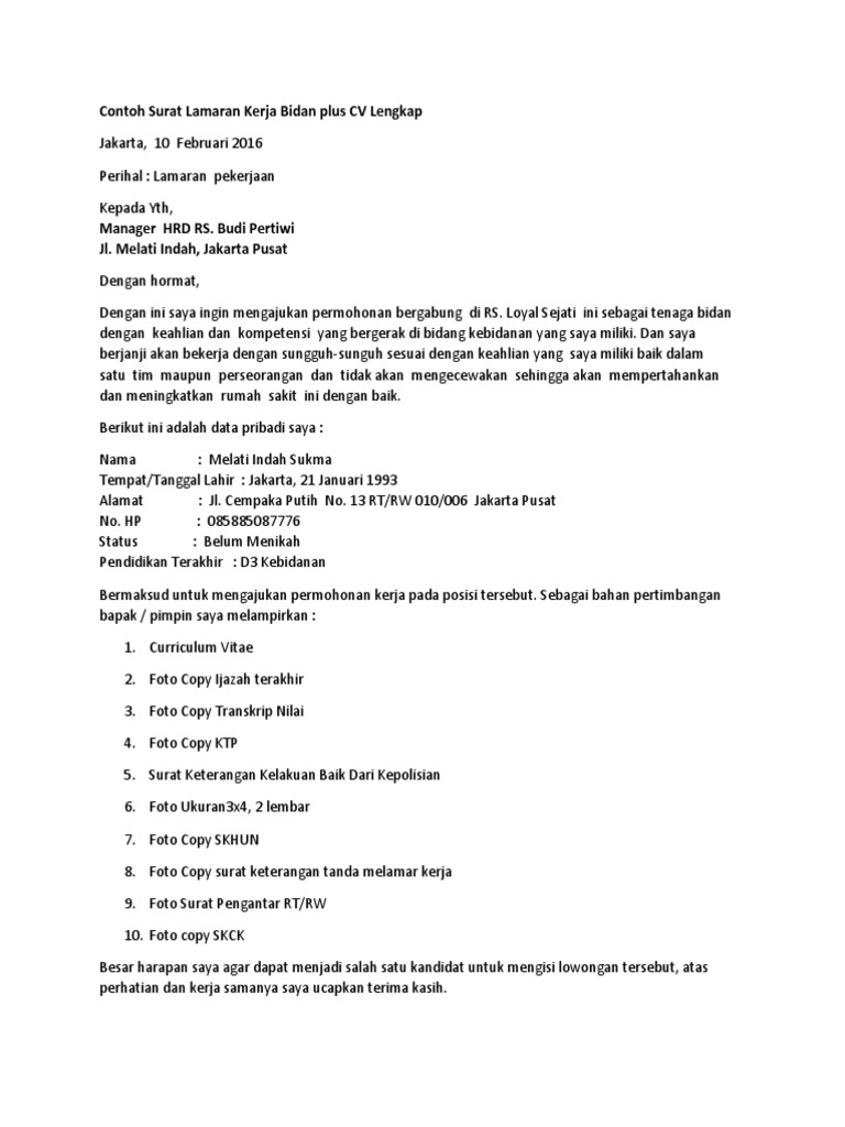 Contoh Surat Lamaran Kerja Bidan Plus CV Lengkap | PDF