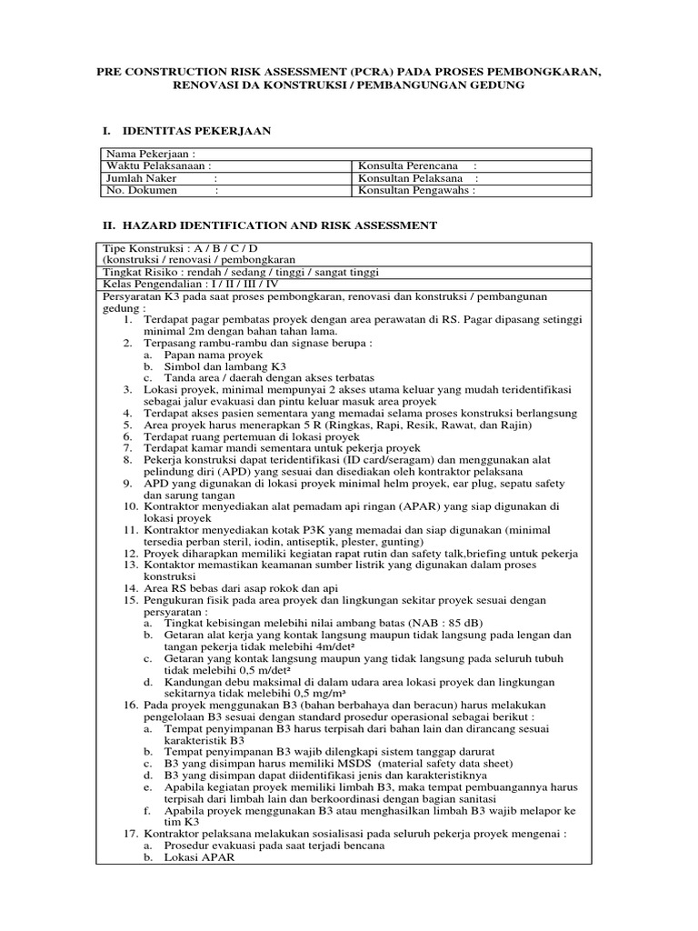 Pre Construction Risk Assessment | PDF