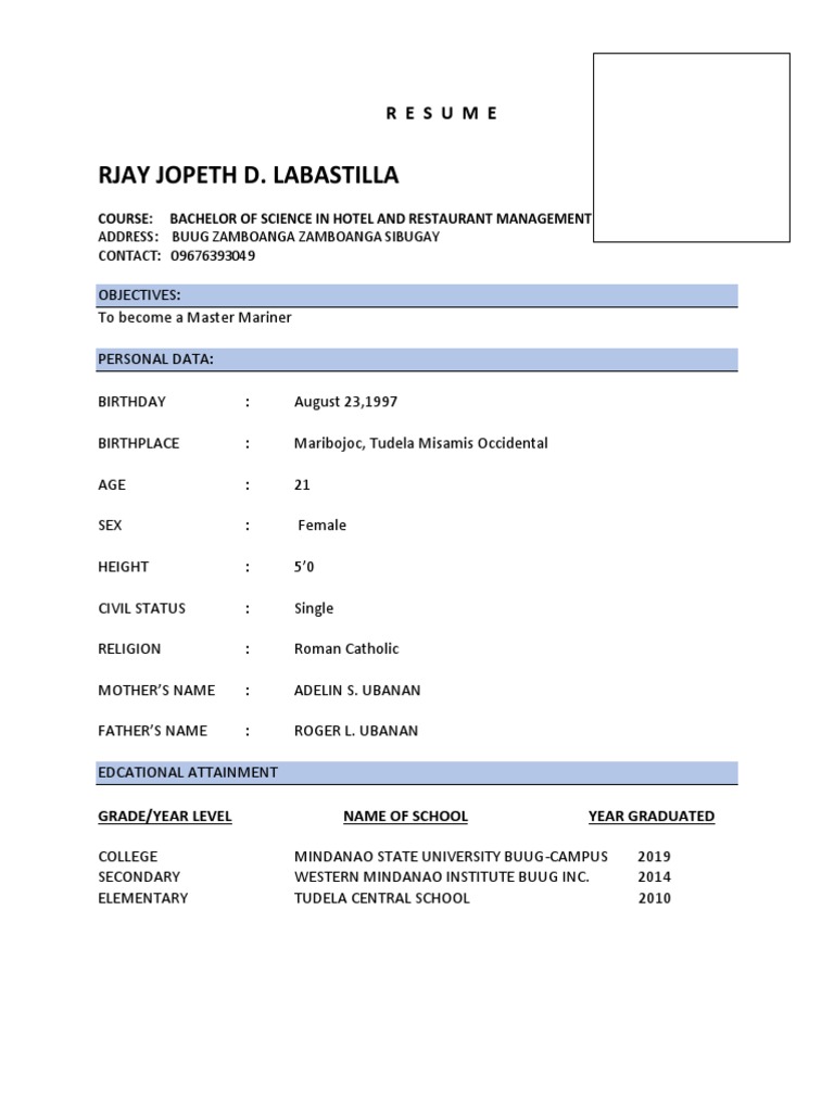 Rjay Jopeth D. Labastilla: R E S U M E | PDF