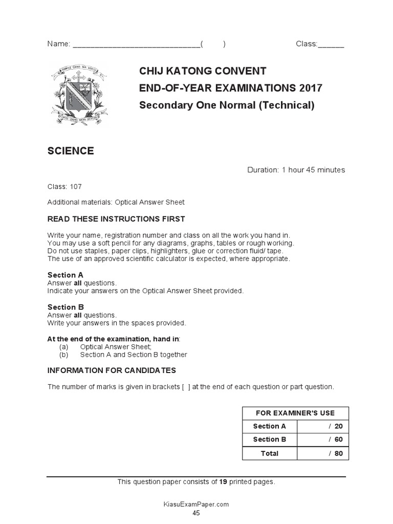 2017 Sec 1 Science NT - EOY | PDF | Solution | Solubility