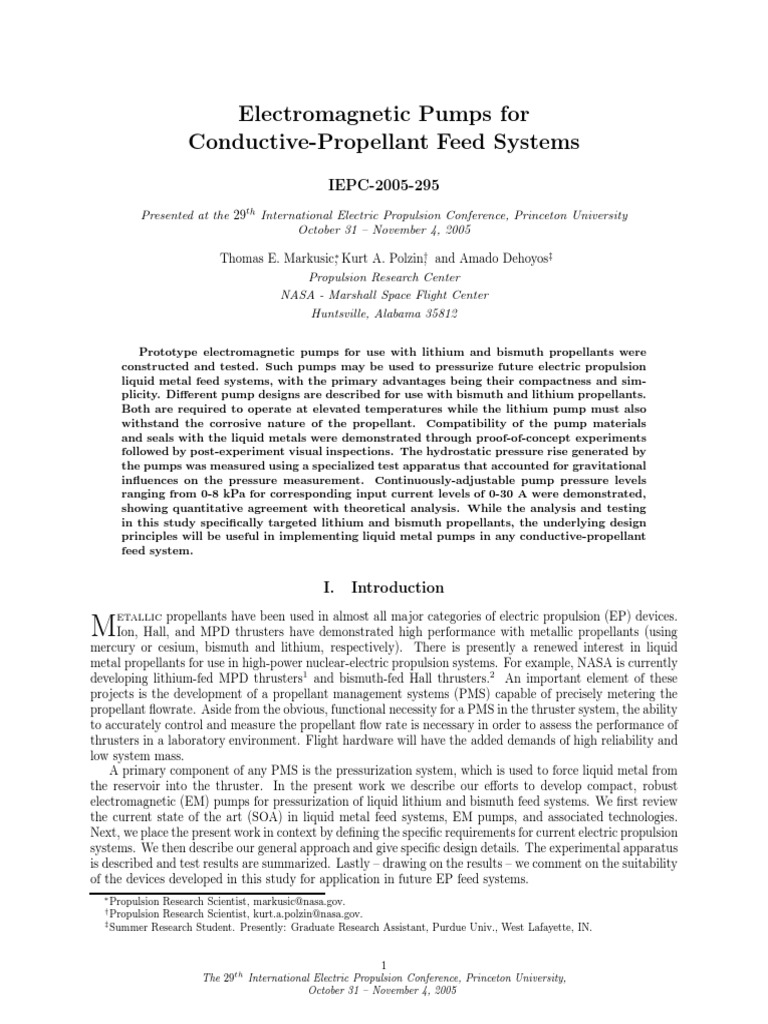 Electromagnetic Pumps For Conductive-Propellant Feed Systems | PDF ...