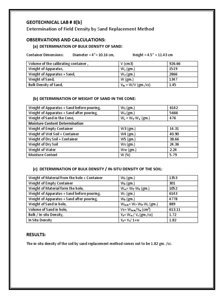 Determination of Field Density by Sand Replacement Method: Geotechnical ...