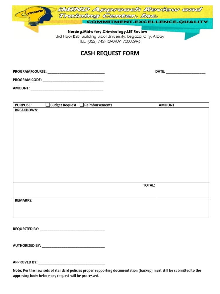 Cash Request Form: 3rd Floor BSBI Building Bicol University, Legazpi ...